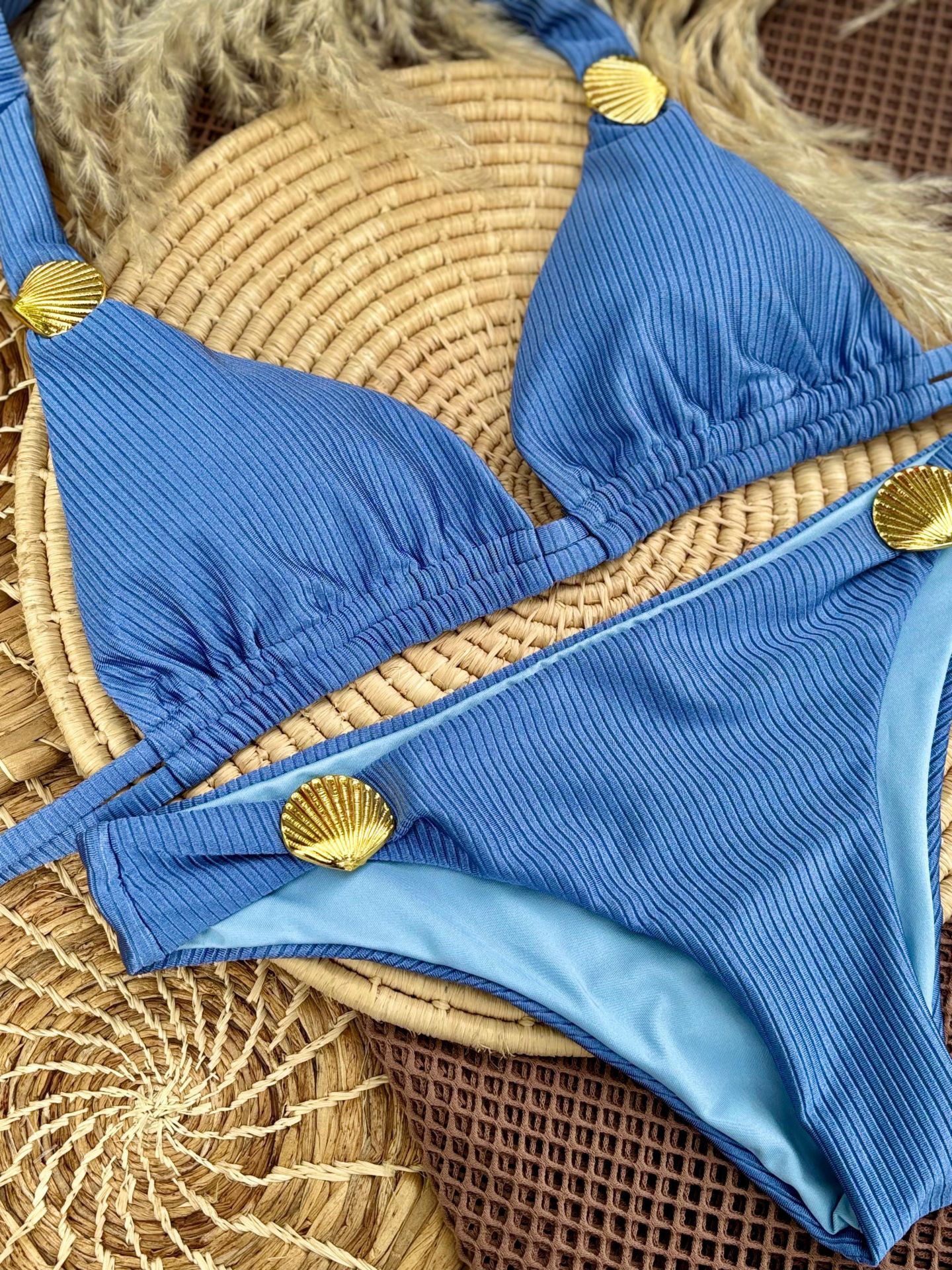 Beach Fashion Only Blue Texture Halter Bikini
